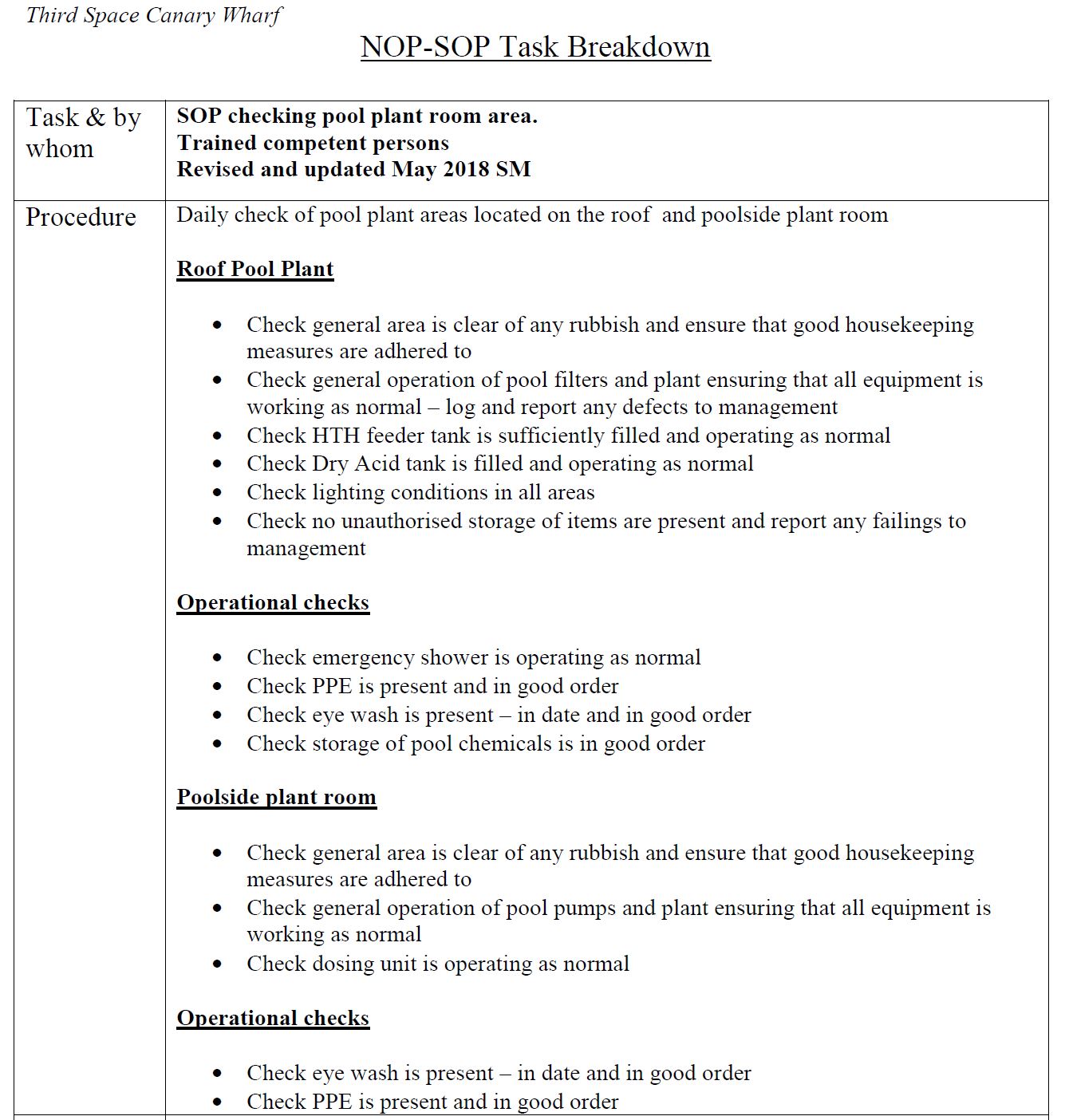 SOP - Pool Plantroom Checks Canary Wharf - SafetyCulture